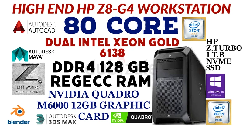 80 CORE+128 GB RAM POWERFUL HP Z8-G4 WORKSTATION-2 INTEL XEON GOLD 6138 ...