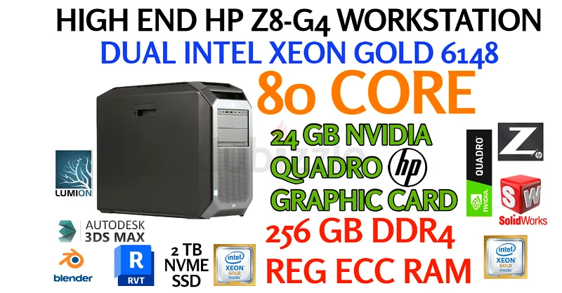 80 CORES+24GB NVIDIA QUADRO GRAPHIC CARD-HP Z8-G4 WORKSTATION 2 INTEL ...