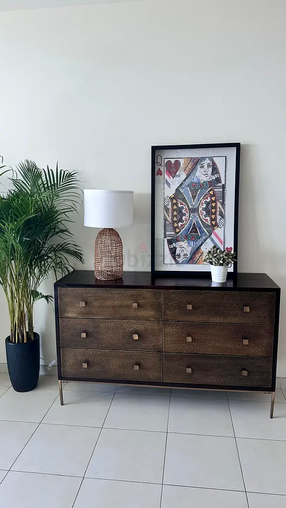 GENUINE WEST ELM ACACIA WOOD DECKER 6 DRAWER DRESSER BRASS FINISH ...