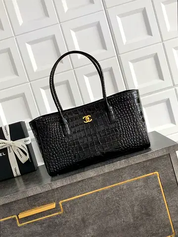 Classifieds: Chanel Black Croc-Embossed Tote Bag with Gold CC Logo ...