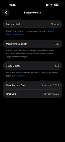Classifieds: iPhone with 94% Battery Health (Cycle Count 325) — Ready ...