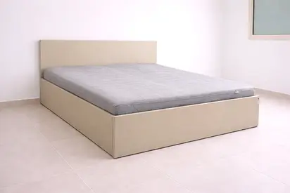 Classifieds: Simple beige upholstered double bed frame with mattress ...