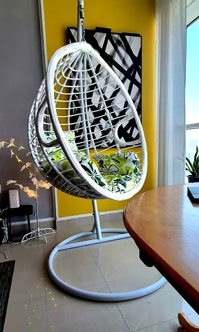 Classifieds: White Rattan Hanging Egg Chair with Stand and Cushion ...