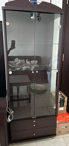 Classifieds: Set of 2 dark wood glass display cabinet with drawers ...
