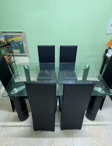 Classifieds: Glass Top Dining Table with 6 Black Leather Chairs ...