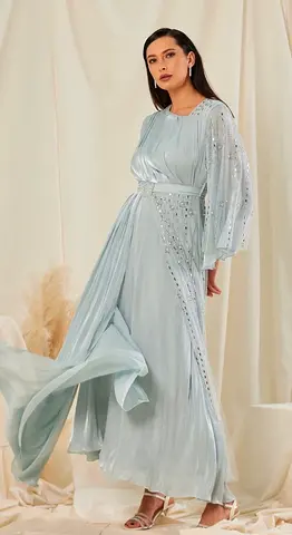 Classifieds: Light Blue Beaded Maxi Dress with Sheer Balloon Sleeves ...