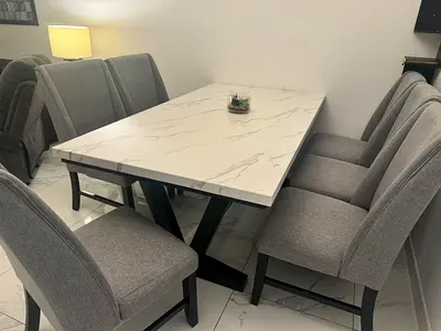Classifieds: Modern Marble-Top Dining Table with 6 Grey Fabric Chairs ...