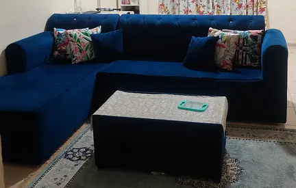 Classifieds: Blue L-shaped Velvet Sofa with Ottoman - Good Condition ...