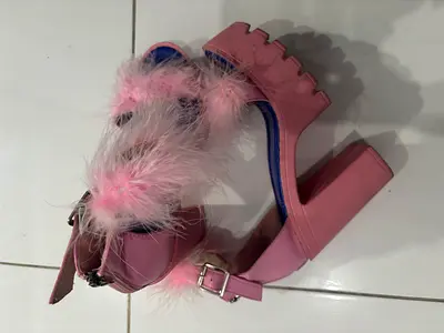 Classifieds: Pink Faux Fur Platform Block Heel Sandals | dubizzle Abu Dhabi