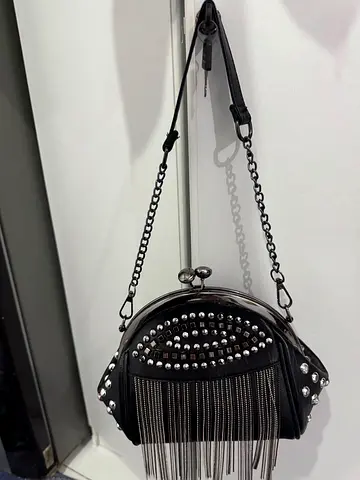 Classifieds: Black Studded Shoulder Bag with Chain Fringe Detail ...