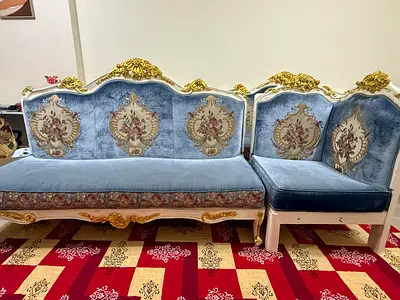 Classifieds: Vintage-style carved wooden sofa set with blue velvet ...