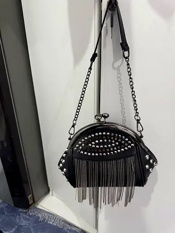 Classifieds: Black Studded Fringe Shoulder Bag with Chain Strap ...