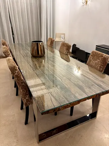 Classifieds: Glass top dining table with 8 upholstered chairs ...