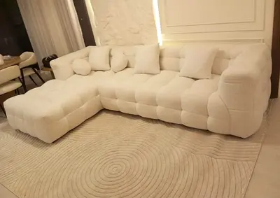 Classifieds: Cream L-shaped Tufted Sofa with Ottoman —Boucle Fabric ...