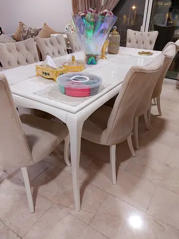 Classifieds: White Marble-Top Dining Table with 6 Beige Upholstered ...