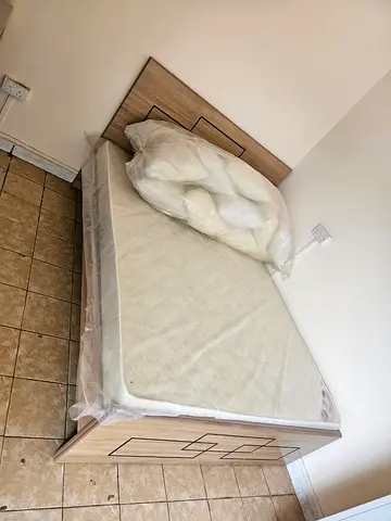 Classifieds: Queen Bed Frame with Mattress – Light Wood Finish, Good ...