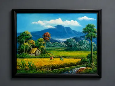 Classifieds: Framed Oil Landscape Painting — Rural Field with Mountains ...